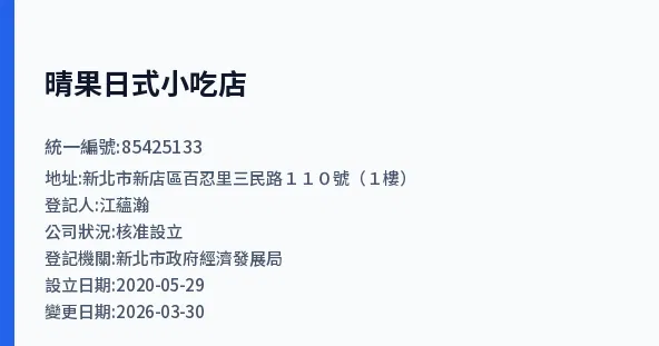 晴果日式小吃店的照片-統編 85425133(新北市) 公司登記資料與營業項目詳細圖表