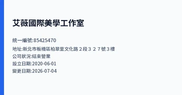 艾薇國際美學工作室的照片-統編 85425470(新北市) 公司登記資料與營業項目詳細圖表