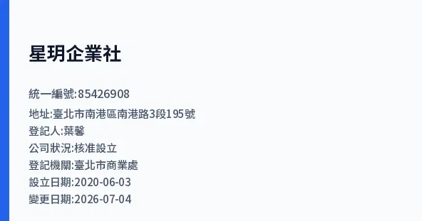 星玥企業社的照片-統編 85426908(臺北市) 公司登記資料與營業項目詳細圖表