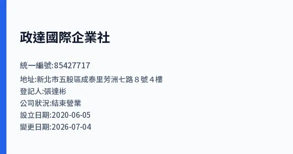 政達國際企業社的照片-統編 85427717(新北市) 公司登記資料與營業項目詳細圖表