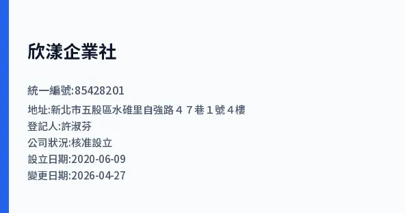 欣漾企業社的照片-統編 85428201(新北市) 公司登記資料與營業項目詳細圖表