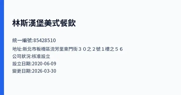 林斯漢堡美式餐飲的照片-統編 85428510(新北市) 公司登記資料與營業項目詳細圖表