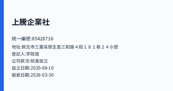 上騰企業社的照片-統編 85428716(新北市) 公司登記資料與營業項目詳細圖表