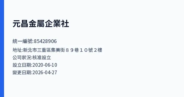 元昌金屬企業社的照片-統編 85428906(新北市) 公司登記資料與營業項目詳細圖表
