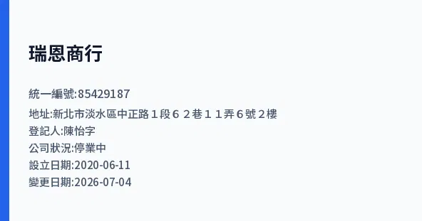 瑞恩商行的照片-統編 85429187(新北市) 公司登記資料與營業項目詳細圖表