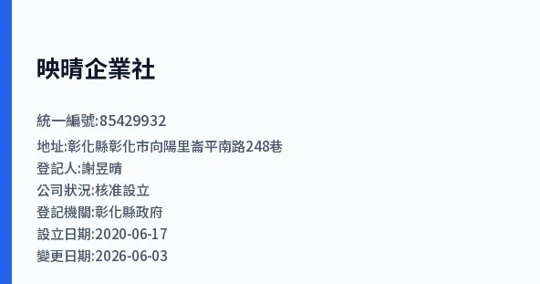 映晴企業社的照片-統編 85429932(彰化縣) 公司登記資料與營業項目詳細圖表