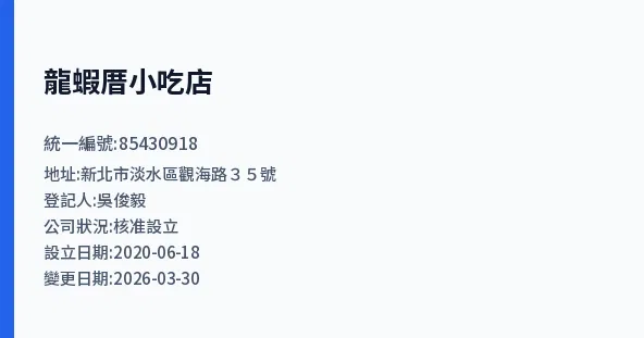 龍蝦厝小吃店的照片-統編 85430918(新北市) 公司登記資料與營業項目詳細圖表