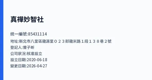 真禪妙智社的照片-統編 85431114(新北市) 公司登記資料與營業項目詳細圖表