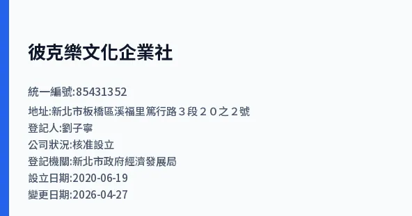 彼克樂文化企業社的照片-統編 85431352(新北市) 公司登記資料與營業項目詳細圖表