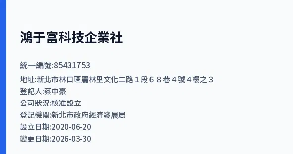 鴻于富科技企業社的照片-統編 85431753(新北市) 公司登記資料與營業項目詳細圖表