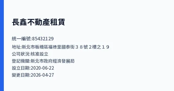 長鑫不動產租賃的照片-統編 85432129(新北市) 公司登記資料與營業項目詳細圖表