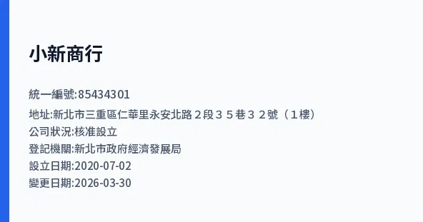 小新商行的照片-統編 85434301(新北市) 公司登記資料與營業項目詳細圖表