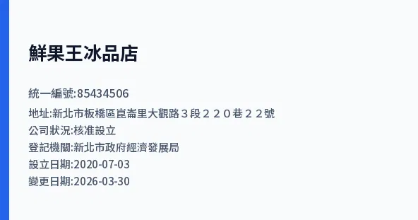 鮮果王冰品店的照片-統編 85434506(新北市) 公司登記資料與營業項目詳細圖表