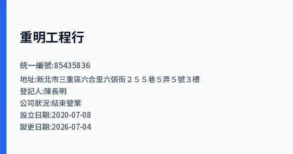 重明工程行的照片-統編 85435836(新北市) 公司登記資料與營業項目詳細圖表