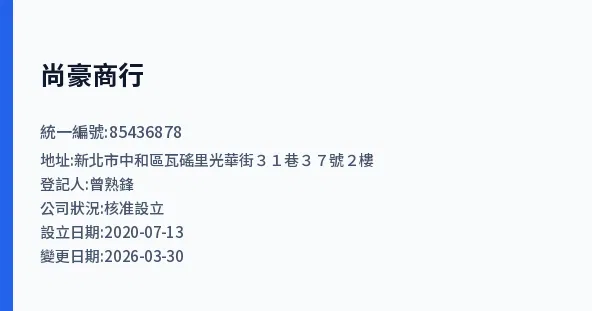 尚豪商行的照片-統編 85436878(新北市) 公司登記資料與營業項目詳細圖表