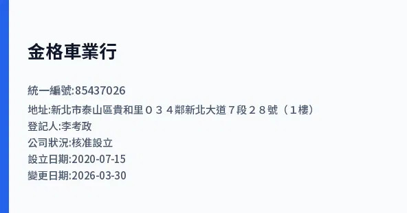 金格車業行的照片-統編 85437026(新北市) 公司登記資料與營業項目詳細圖表