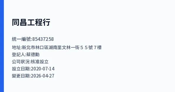 同昌工程行的照片-統編 85437258(新北市) 公司登記資料與營業項目詳細圖表