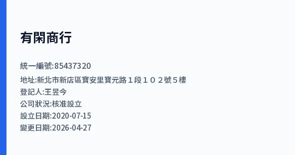 有閑商行的照片-統編 85437320(新北市) 公司登記資料與營業項目詳細圖表