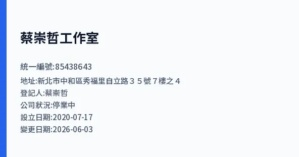 蔡崇哲工作室的照片-統編 85438643(新北市) 公司登記資料與營業項目詳細圖表