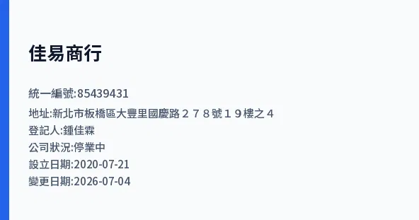 佳易商行的照片-統編 85439431(新北市) 公司登記資料與營業項目詳細圖表