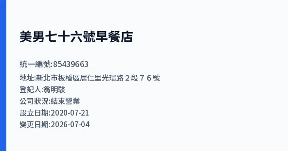 美男七十六號早餐店的照片-統編 85439663(新北市) 公司登記資料與營業項目詳細圖表