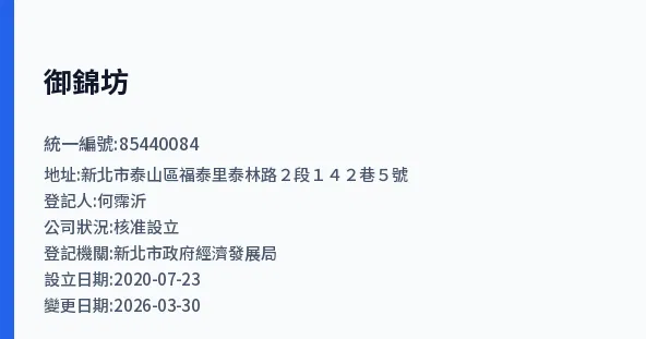 御錦坊的照片-統編 85440084(新北市) 公司登記資料與營業項目詳細圖表