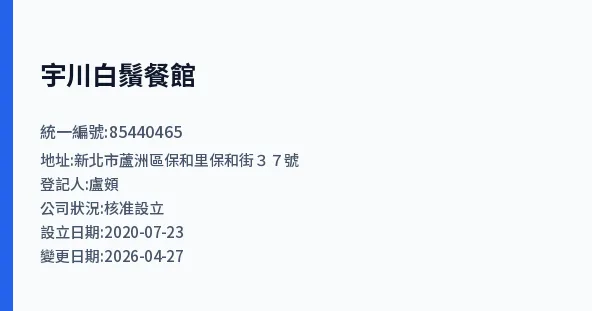 宇川白鬚餐館的照片-統編 85440465(新北市) 公司登記資料與營業項目詳細圖表
