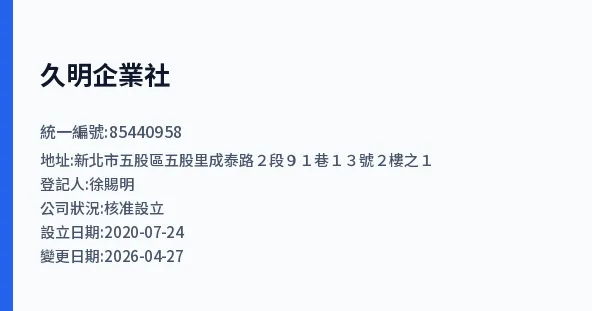 久明企業社的照片-統編 85440958(新北市) 公司登記資料與營業項目詳細圖表