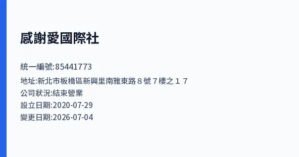 感謝愛國際社的照片-統編 85441773(新北市) 公司登記資料與營業項目詳細圖表