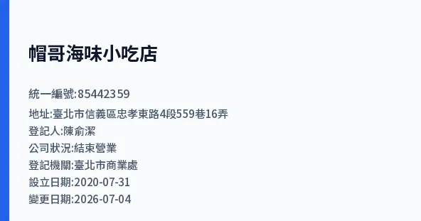 帽哥海味小吃店的照片-統編 85442359(臺北市) 公司登記資料與營業項目詳細圖表