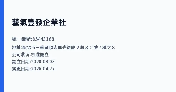 藝氣豐發企業社的照片-統編 85443168(新北市) 公司登記資料與營業項目詳細圖表