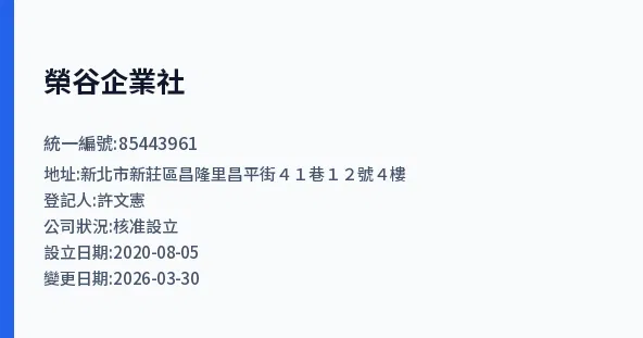 榮谷企業社的照片-統編 85443961(新北市) 公司登記資料與營業項目詳細圖表