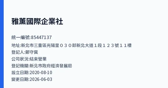 雅薰國際企業社的照片-統編 85447137(新北市) 公司登記資料與營業項目詳細圖表