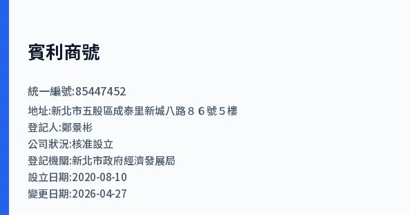 賓利商號的照片-統編 85447452(新北市) 公司登記資料與營業項目詳細圖表