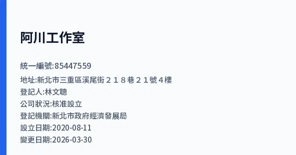 阿川工作室的照片-統編 85447559(新北市) 公司登記資料與營業項目詳細圖表