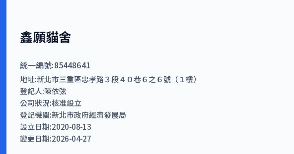 鑫願貓舍的照片-統編 85448641(新北市) 公司登記資料與營業項目詳細圖表