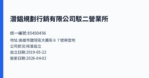 潛錩規劃行銷有限公司駁二營業所的照片-統編 85450456(高雄市) 公司登記資料與營業項目詳細圖表