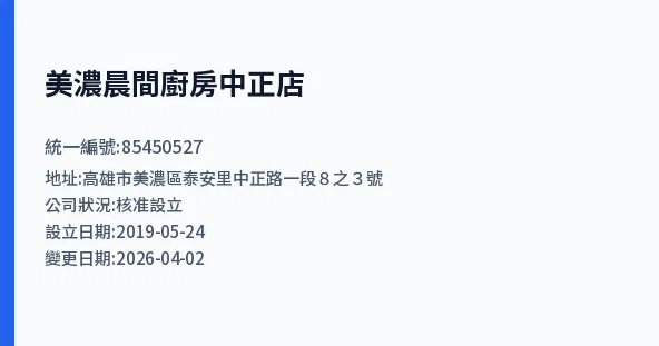 美濃晨間廚房中正店的照片-統編 85450527(高雄市) 公司登記資料與營業項目詳細圖表