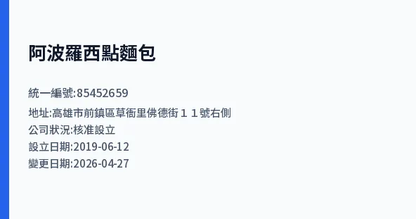 阿波羅西點麵包的照片-統編 85452659(高雄市) 公司登記資料與營業項目詳細圖表