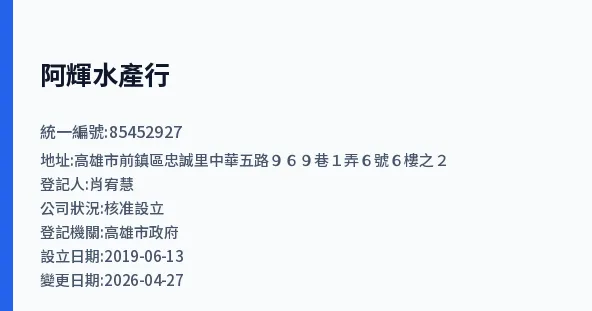 阿輝水產行的照片-統編 85452927(高雄市) 公司登記資料與營業項目詳細圖表