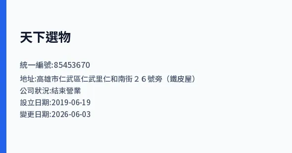 天下選物的照片-統編 85453670(高雄市) 公司登記資料與營業項目詳細圖表