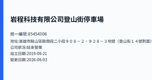 岩程科技有限公司登山街停車場的照片-統編 85454306(高雄市) 公司登記資料與營業項目詳細圖表