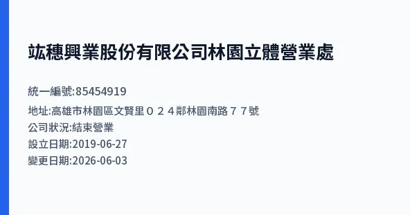 竑穗興業股份有限公司林園立體營業處的照片-統編 85454919(高雄市) 公司登記資料與營業項目詳細圖表