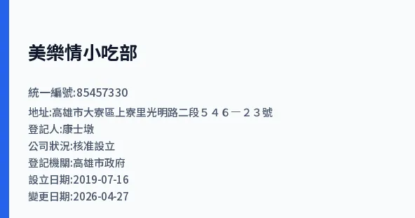 美樂情小吃部的照片-統編 85457330(高雄市) 公司登記資料與營業項目詳細圖表