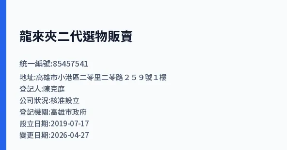 龍來夾二代選物販賣的照片-統編 85457541(高雄市) 公司登記資料與營業項目詳細圖表