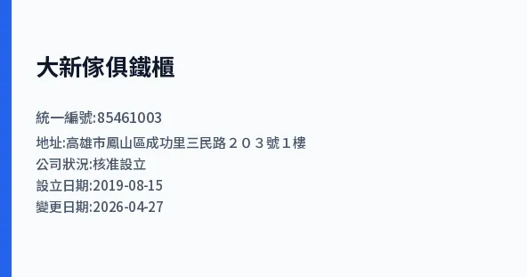 大新傢俱鐵櫃的照片-統編 85461003(高雄市) 公司登記資料與營業項目詳細圖表
