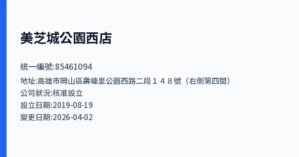 美芝城公園西店的照片-統編 85461094(高雄市) 公司登記資料與營業項目詳細圖表