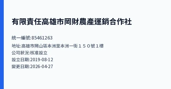有限責任高雄市岡財農產運銷合作社的照片-統編 85461263(高雄市) 公司登記資料與營業項目詳細圖表
