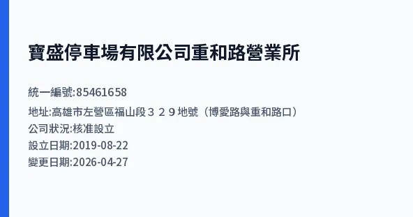 寶盛停車場有限公司重和路營業所的照片-統編 85461658(高雄市) 公司登記資料與營業項目詳細圖表