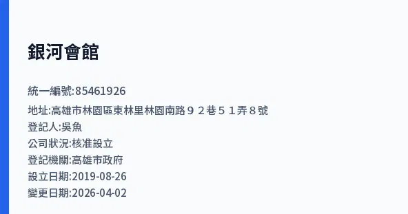 銀河會館的照片-統編 85461926(高雄市) 公司登記資料與營業項目詳細圖表